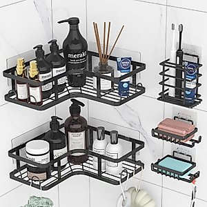Prlsca 5 Pack Corner Shower Caddy,Large Capacity Adhesive Shower Organizer with Soap Holder & Toothpaste,No Drilling Stainless Steel Shower Shelves with Hooks for Bathroom, Dorm and Kitchen（Black）