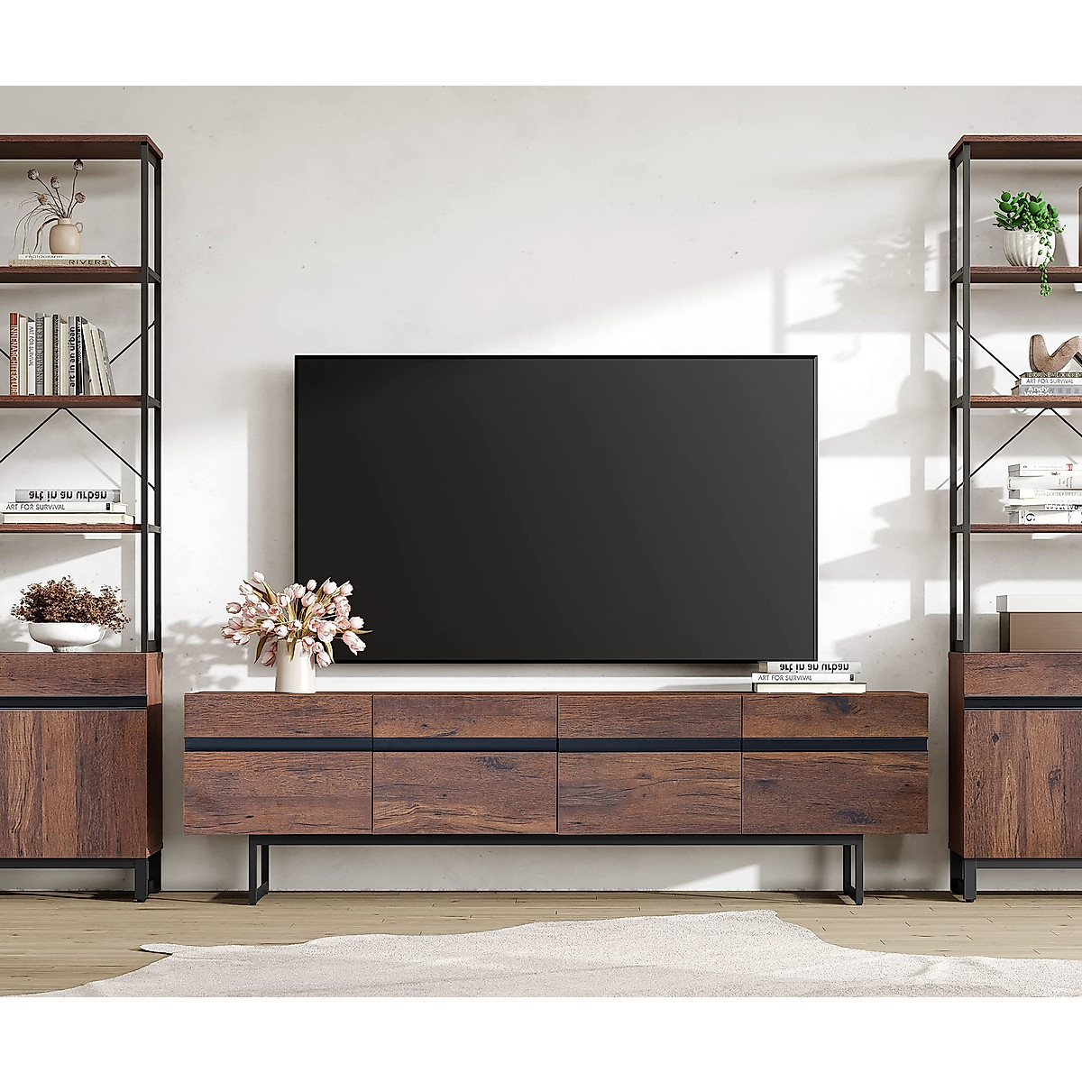 WAMPAT Modern TV Stand for up to 75 inch TV, Wood Entertainment Center TV Console Table with Storage Cabinets Media Console for Living Room, Brown