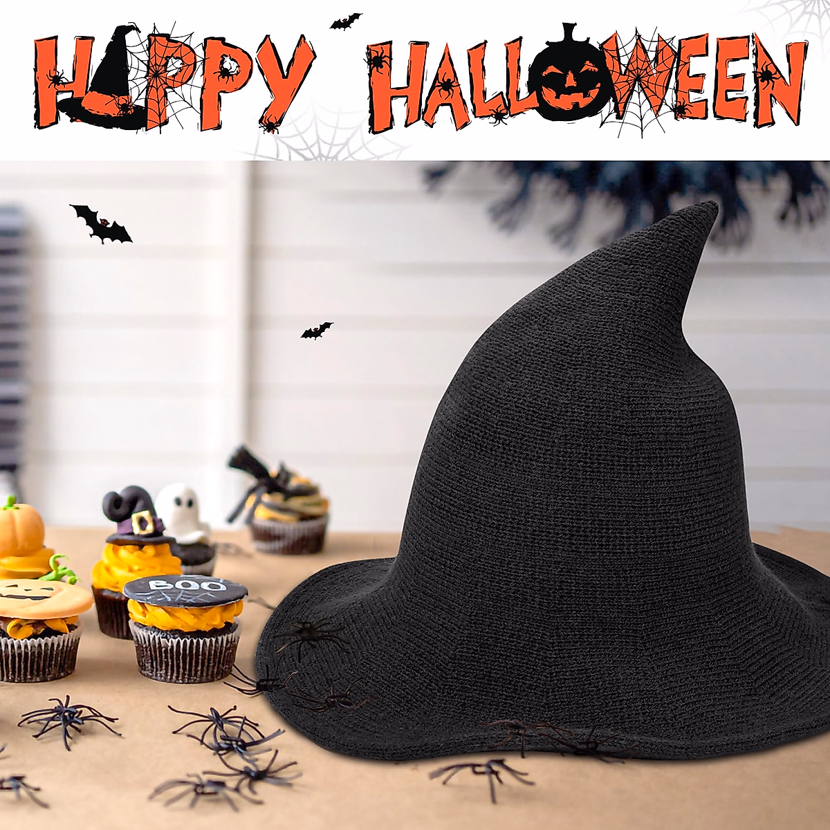 Edoneery Halloween Witch Hat for Women Wide Brim Foldable Pointed Cap for Halloween Party Costume Accessory