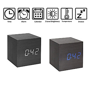ThreeH Wooden Digital Alarm Clock,Cube Little Clock with LED Temperature Time Calendar Display,Sound Control,Snooze Mode,USB/Battery Powered Clock for Home Office AC10 Black_Blue