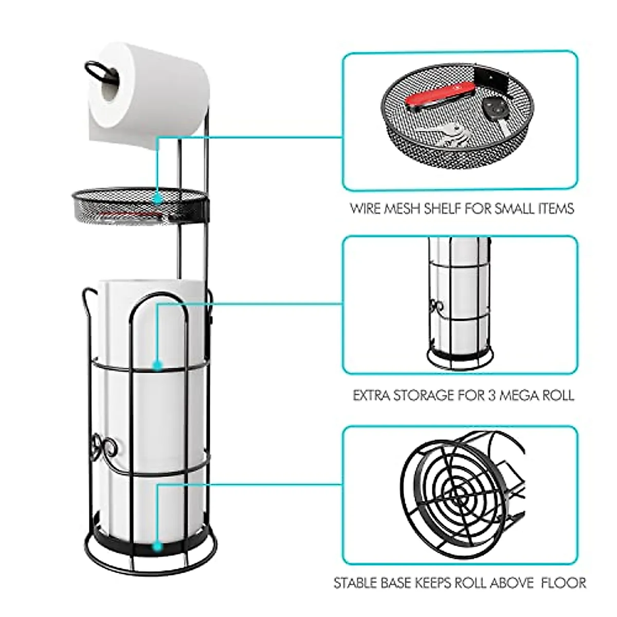 Toilet Paper Holder Stand with Shelf, Freestanding Toilet Tissue Roll Holder with Dispenser for Bathroom Storage Holds 4 Rolls - Black