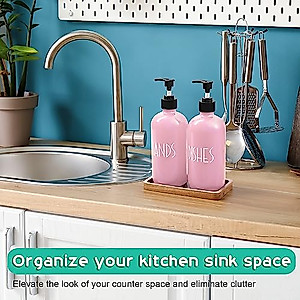ALELION Dish Soap Dispenser for Kitchen - 16 OZ Glass Hand Soap Dispenser Set with Acacia Wood Tray - Pink Kitchen Bathroom Decor and Accessories