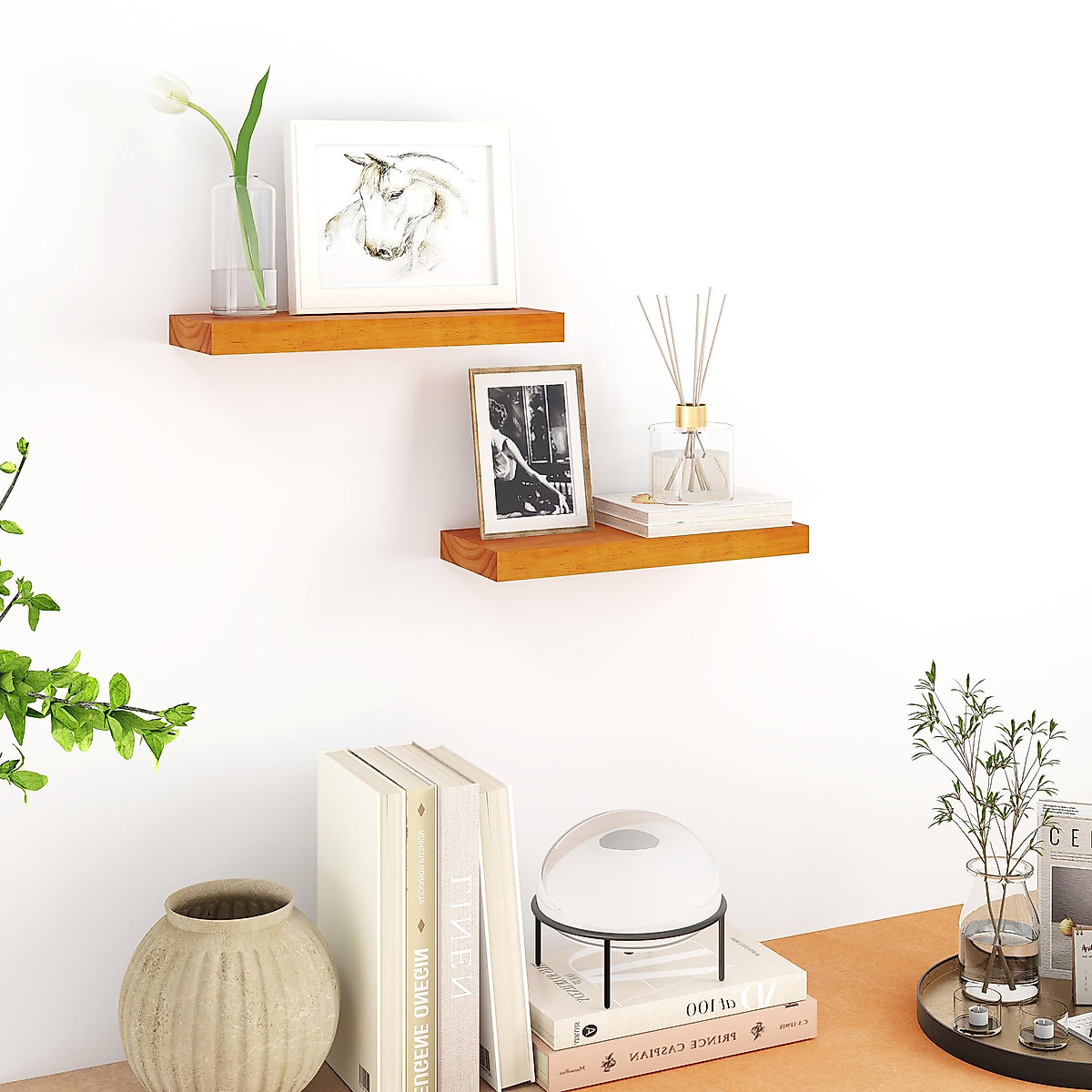 Fun Memories Wood Floating Shelves Set of 2, Rustic Pine Wood Floating Shelves for Wall Mounting, Wide Wall Shelves for Home Decor and Storage, 16" W x 7" D, Honey Oak