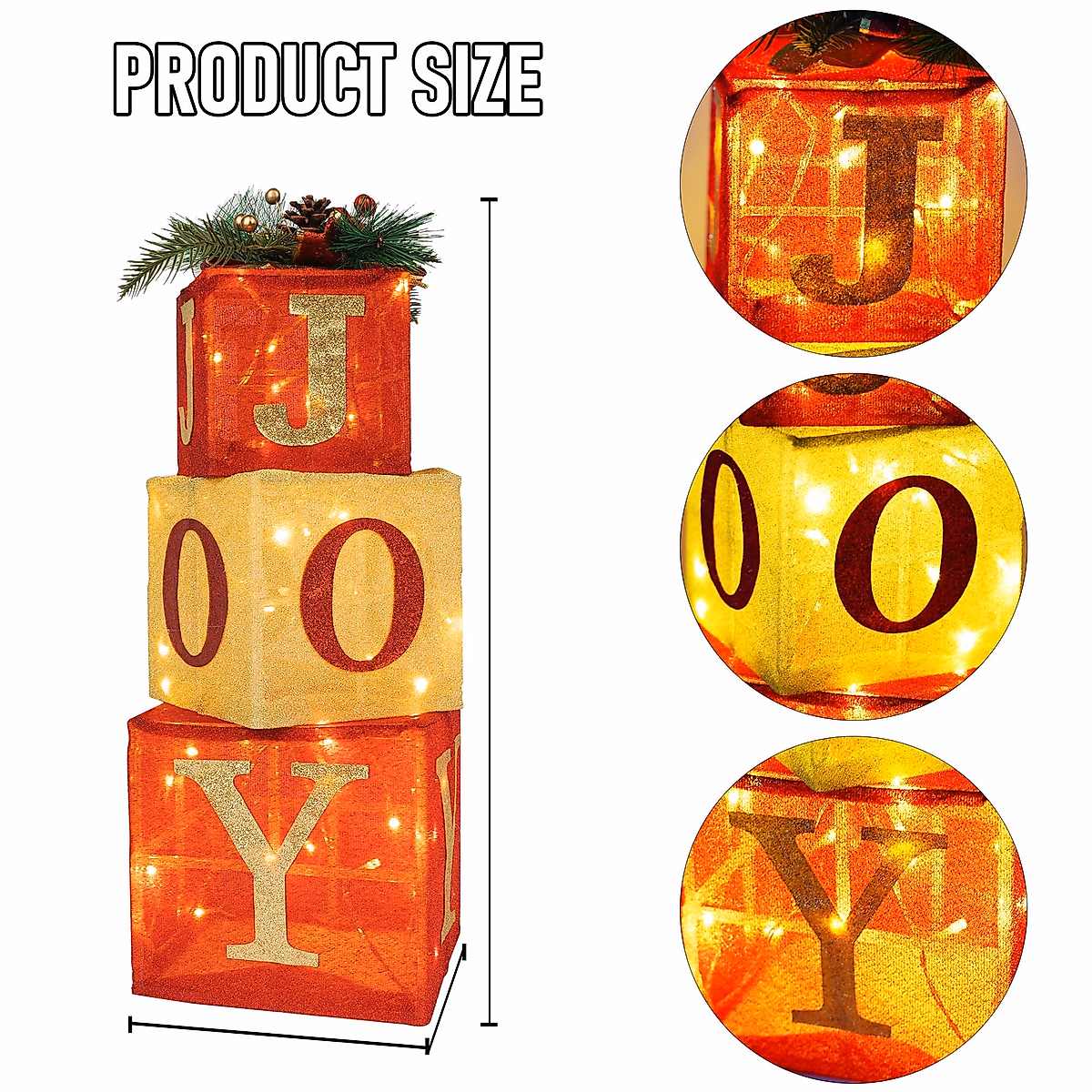 Hourleey Set of 3 Christmas Lighted Gift Boxes, Pre-lit 60 LED Light Up Joy Present Boxes Ornament Decorations for Indoor Outdoor Xmas Tree Home Yard Lawn Decor