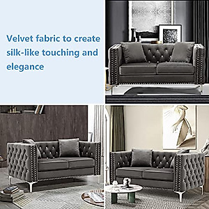 mikibama Velvet Loveseat with Jeweled Buttons and Square Arms 59 Inch Tufted Sofa with Trimmed Nailhead and Metal Legs Loveseat Couch with 2 Pillows for Living Room, Bedroom and Office (Gray)