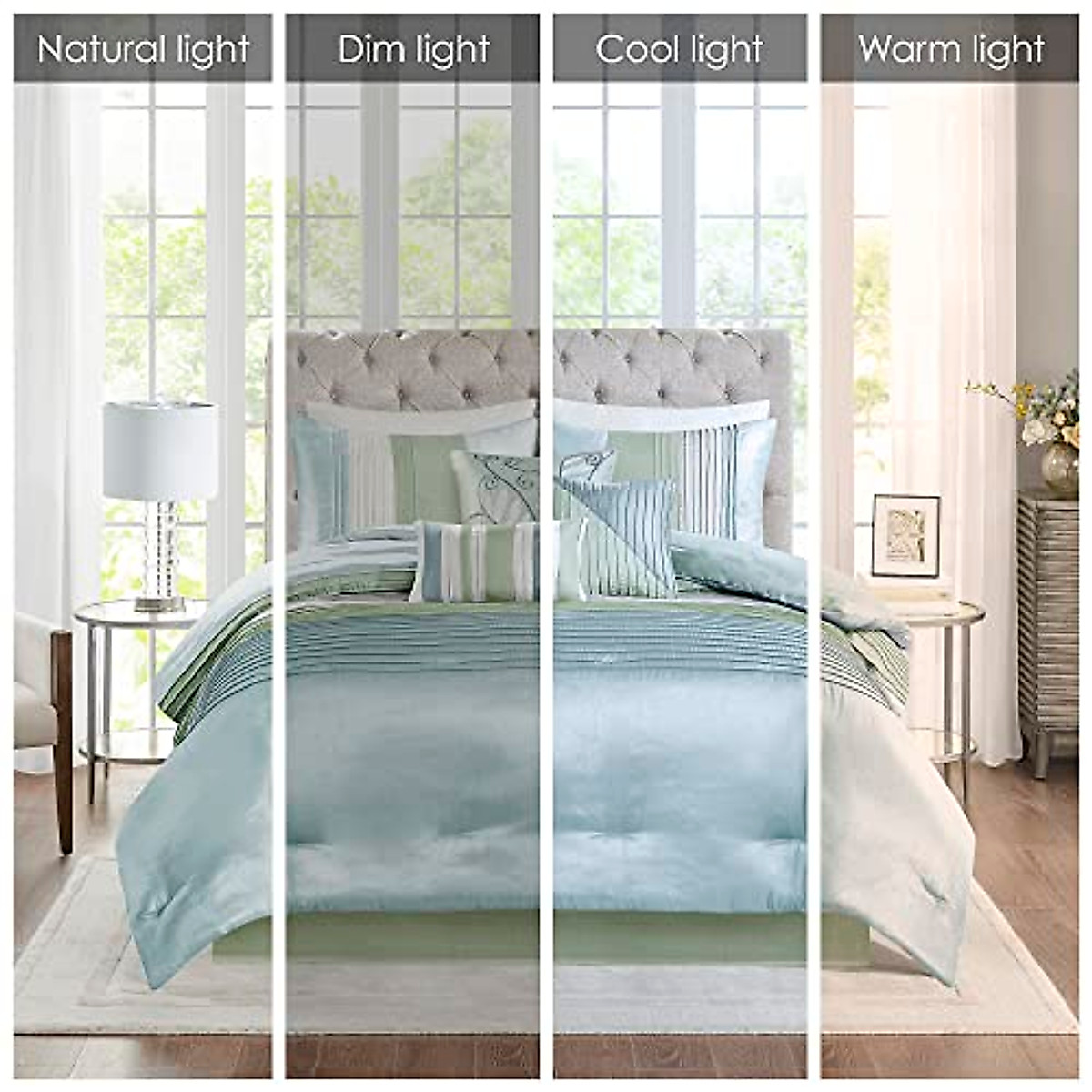 Madison Park Amherst Faux Silk Comforter Set-Casual Contemporary Design All Season Down Alternative Bedding, Matching Shams, Bedskirt, Decorative Pillows, King(104"x92"), Green, 7 Piece (MP10-847)