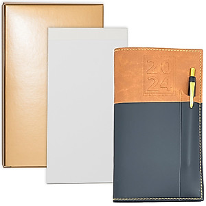 2024 Weekly Pocket Calendar Organizer With Black & Gold Pen Attached | White Notepad For Notetaking - All in a Gold Gift Box | Small Size Soft Leather Cover 6" X 3.5" Black & Brown/Tan Planner (2024)