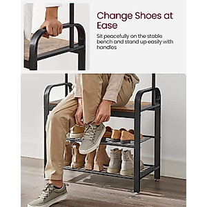VASAGLE Coat Rack, Hall Tree with Shoe Bench for Entryway, Entryway Bench with Coat Rack, 4-in-1, with 9 Removable Hooks, a Hanging Rod, 13.3 x 28.3 x 72.1 Inches, Rustic Brown and Black UHSR40B