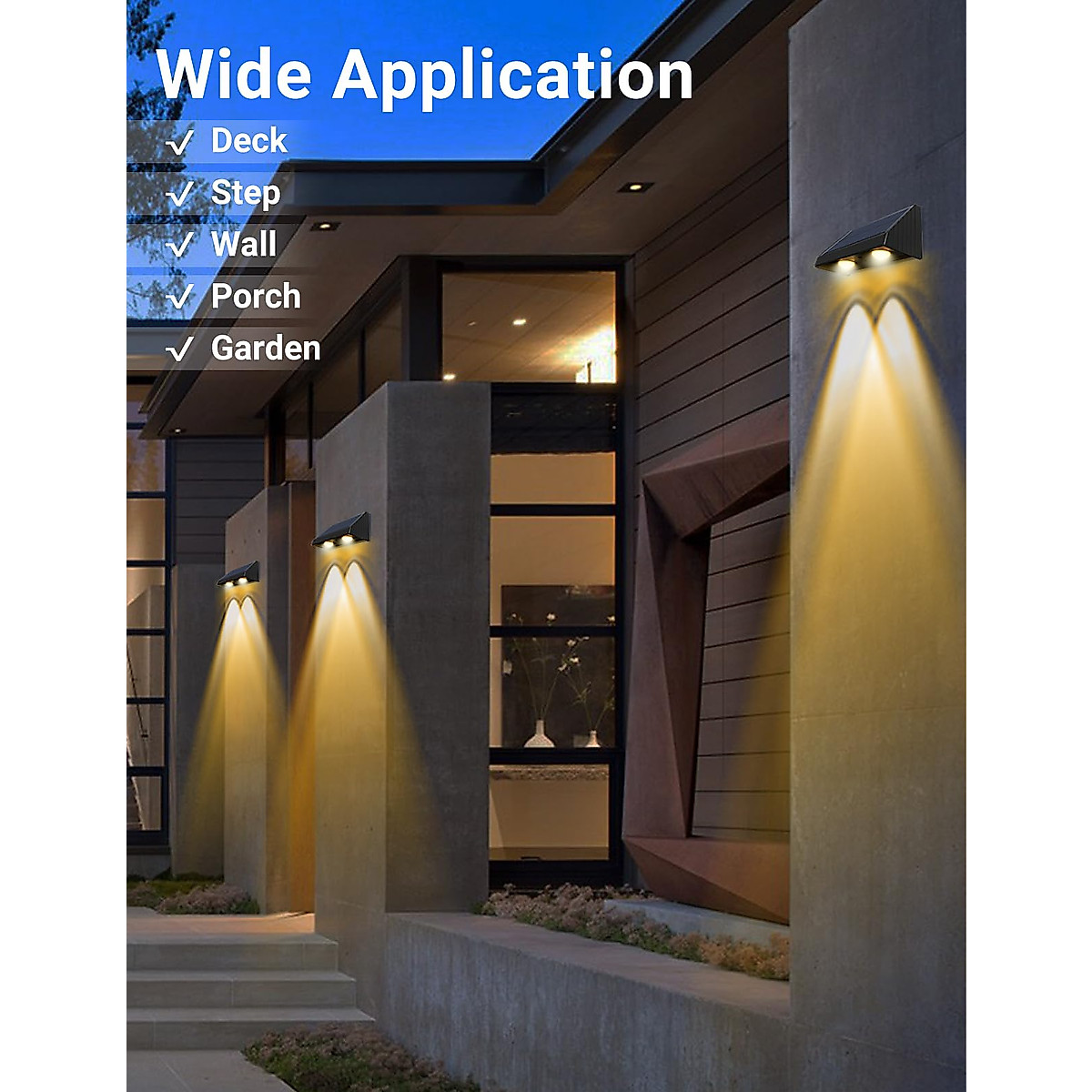 Solar Powered Fence Lights Outdoor Wall Mount LED Decorative Waterproof Yard Lamps for Outside Stair, Rail, Deck, Backyard, House Patio, Pool, Design for Long-Lasting Dusk to Dawn, Warm White 4 Pack