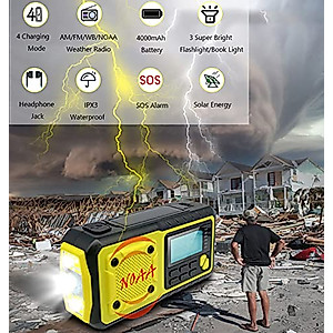 Emergency Hand Crank Weather Solar Radio, radios Portable Power Bank 4000mAh Hand Crank AM FM/NOAA Radio with LED Flashlights Reading Lamp Cellphone Charger SOS Alarm for Camping Home Outdoor