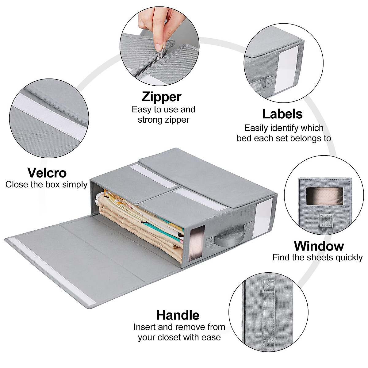 HSFTEC Foldable Bedding Organizer, Fabric Storage Bins for Bed Sheets, Duvet Covers and Pillowcases, Closet Organizer, Storage Container Boxes for Blankets, Clothes (6 pack(Queen or King), Grey)