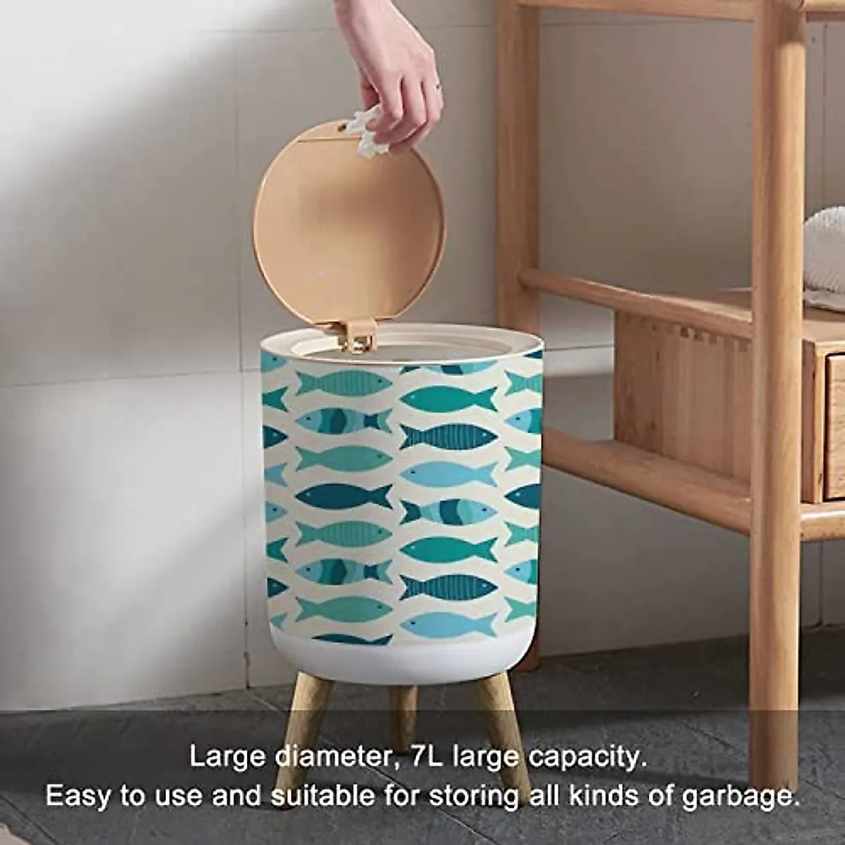 Trash Can with Lid Coastal Fish Seamless Blue and Teal Green Fish on a Light Sand Modern Press Cover Small Garbage Bin Round with Wooden Legs Waste Basket for Bathroom Kitchen Bedroom 7L/1.8 Gallon