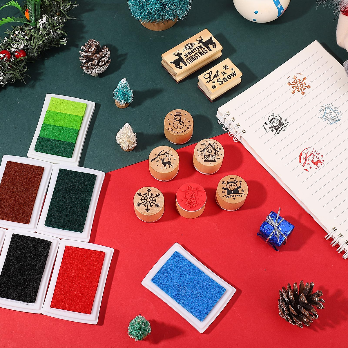Auidy_6TXD 8 Pieces Christmas Wooden Stamp Set with Stamp Pad for Printing Stamps, Christmas Stamp Ink Set for Children DIY Scrapbooks Guest Gift