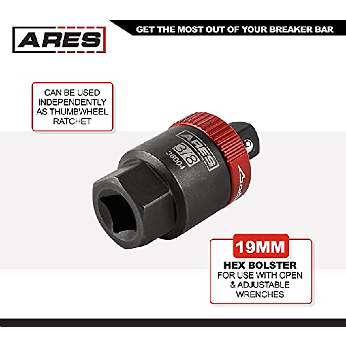 ARES 36004-3/8-Inch Drive Ratcheting Breaker Bar Adapter - Converts Breaker Bar or Sliding T-Handle into Ratchet - Reversible Ratcheting Mechanism with Anodized Switch Collar