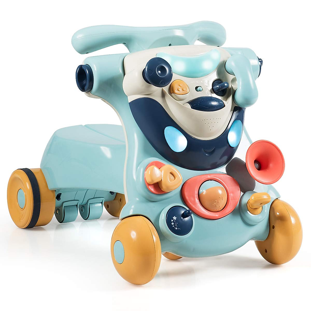 HONEY JOY Sit-to-Stand Learning Walker, 3-in-1 Push Pull Baby Walker W/Wheels, Convertible Ride On Toy Car, Kids Educational Activity Center W/Sound & Light for Toddler Infants Boy Girl (Blue)