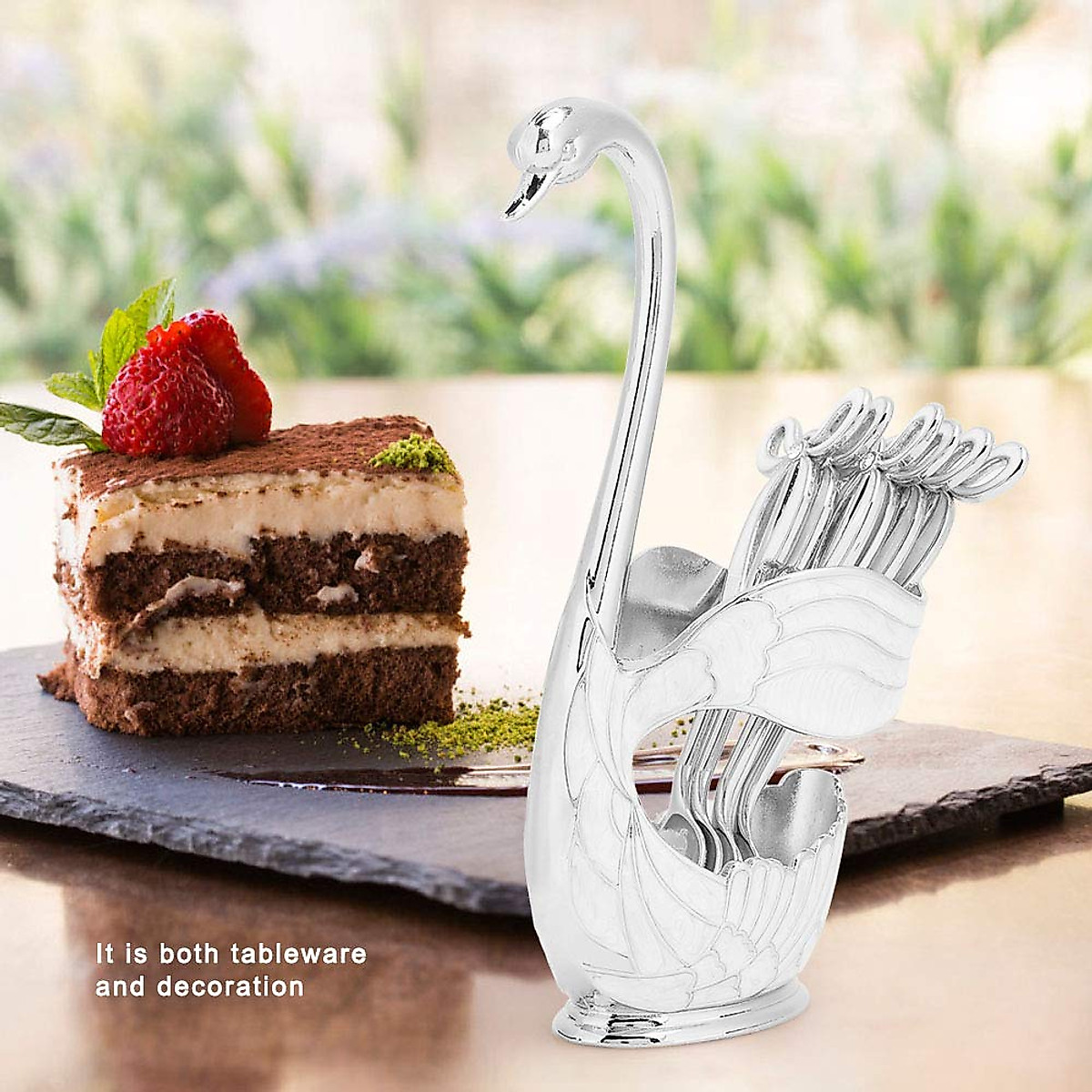 Watris Veiyi Coffee Spoons Set, Dessert Spoons Set, 6PCS Tea Spoons with Swan Base Holder, Metal Coffee Spoon Organizer, Stainless Steel Small Spoons for Coffee Cake Dessert Ice Cream Tea(Silver)