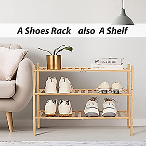 Candockway 3-Tier Free Standing Shoe Racks, Stackable Shoe Organizer for Entryway, Bamboo Shoe Rack for Closet, Multifunctional Shoe Shelf for Balcony Bathroom Living Room and Hallway