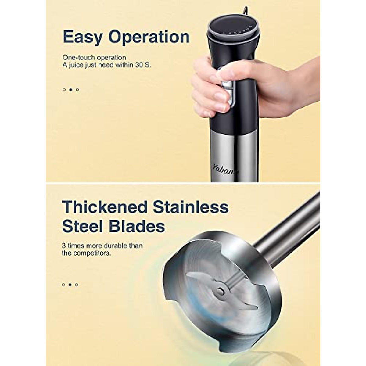 Hand Blender, Handheld Blender Electric, 5-in-1 Multifunctional Immersion Blender, 12 Speed and Turbo Mode, Stainless Steel Blade with Whisk, Chopper/Grinder Bowl and Beaker/Measuring Cup, by Yabano (4 in 1)