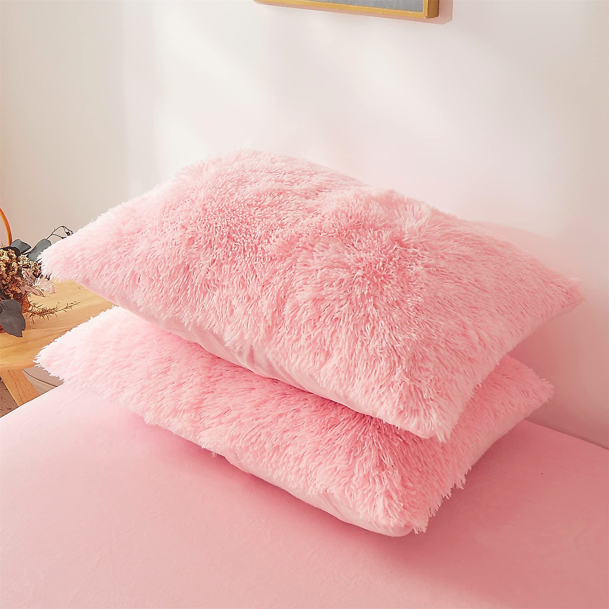 Fluffy Pink Faux Fur Comforter Cover Set - Ultra Soft Plush Bedding, 3 Pieces with 2 Pillow Cases, Cute Light Pink Queen Bed Set