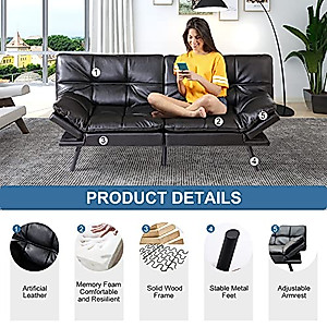 Maxspeed Sofa Bed, Modern Convertible Futon Sleeper Couch Daybed with Adjustable Armrests for Studio, Apartment,Office,Small Space, Compact Living Room,Black