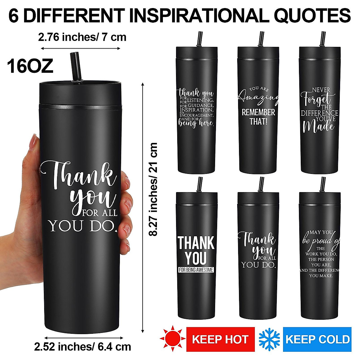 Rtteri 6 Pcs Employee Appreciation Gifts Bulk Thank You Tumblers Gifts for Women 16oz Inspirational Plastic Skinny Tumblers with Lids for Women Men Secretaries Teacher Coworker(Black, Motivational)