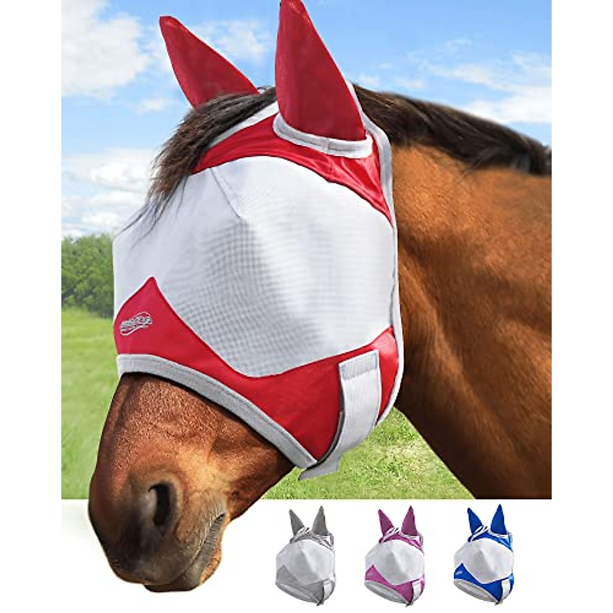 Maskology Horse Fly Mask Standard with Ears UV Protection for Horse Red XL