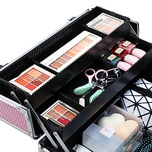 Topeakmart 3 In 1 Aluminum Professional Rolling Cosmetic Case, Beauty Storage Trolley, Make Up Storage Organizer, Makeup Travel Case - With Wheels, Folding Trays and Large Compartments - Pink