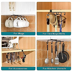 ECROCY Mug Holder Under Cabinet, 2pcs Mug Organizer for Kitchen Cabinet with Extra Large Hook Distance, Fit for 1 Inch Thickness Flat Buttom Cabinet Without Any Lip