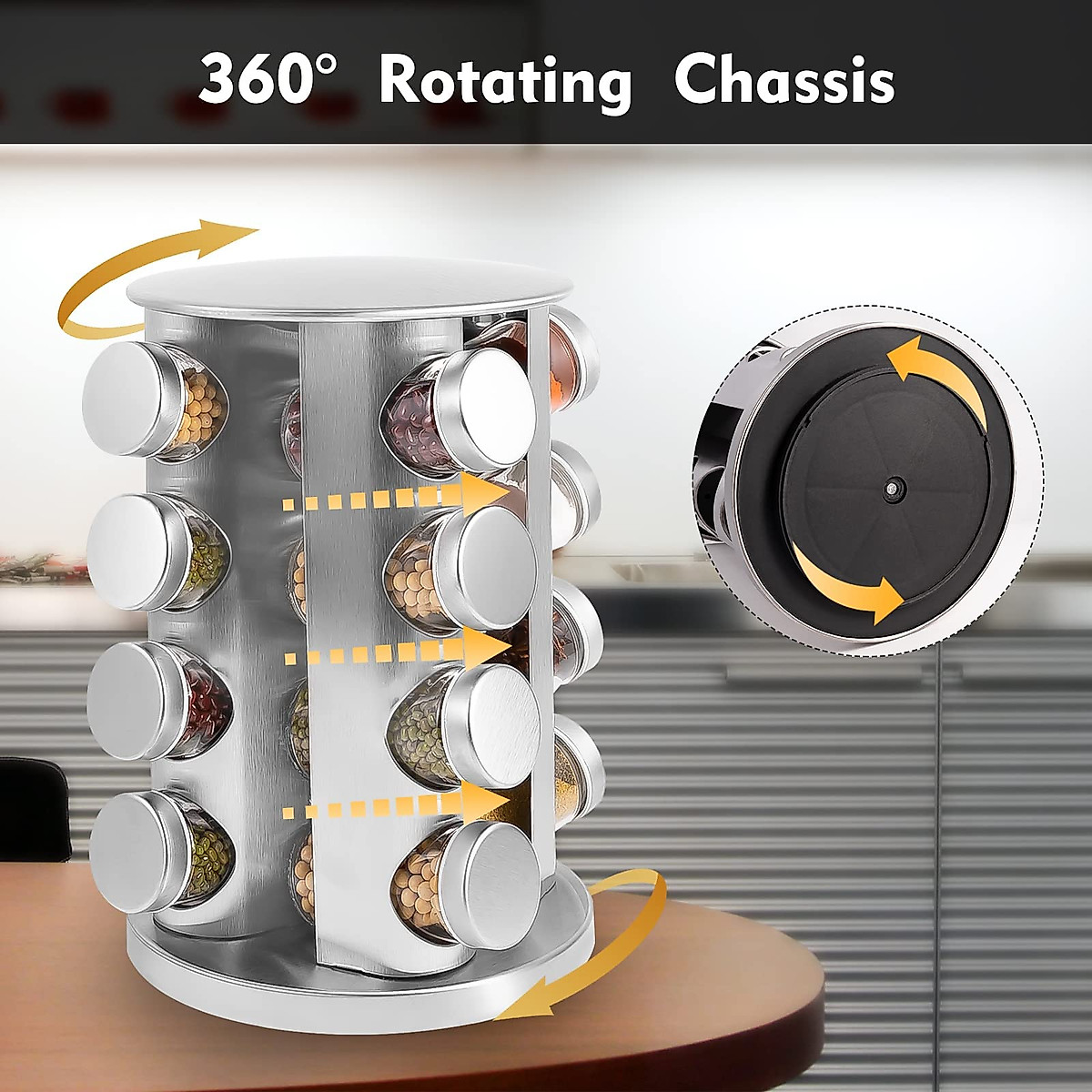 Rotating Spice Rack with 16 Jars, Revolving Spice Rack Organizer for Cabinet, Seasoning Organizer Stainless Steel Kitchen Spice Tower with Labels for Countertop