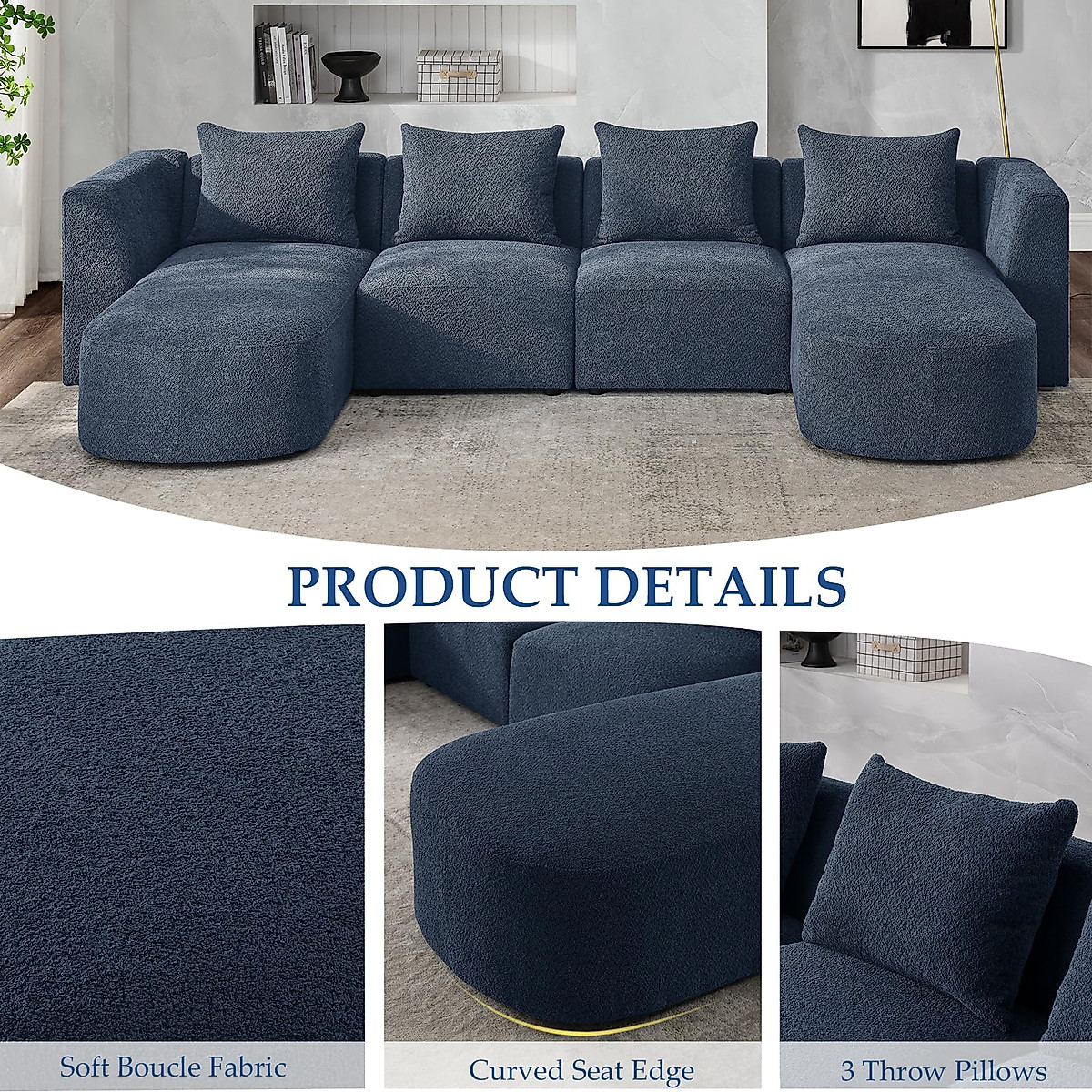 KIVENJAJA Modular Sectional Sofa, U-Shaped Couch with Double Chaise & Pillows, Modern Minimalist Boucle Fabric Large Comfy Cloud Sofas, Living Room Furniture Sets, 117 inch, Navy Blue