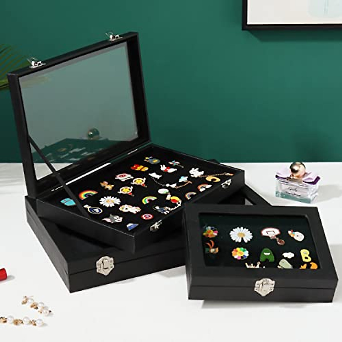 Pursuestar Black Dustproof Pin Display Case Shadow Box Frame with Hooks for Military Medal Jewelry Pin Badge Rings Necklaces Bracelets- 11x8 Inch
