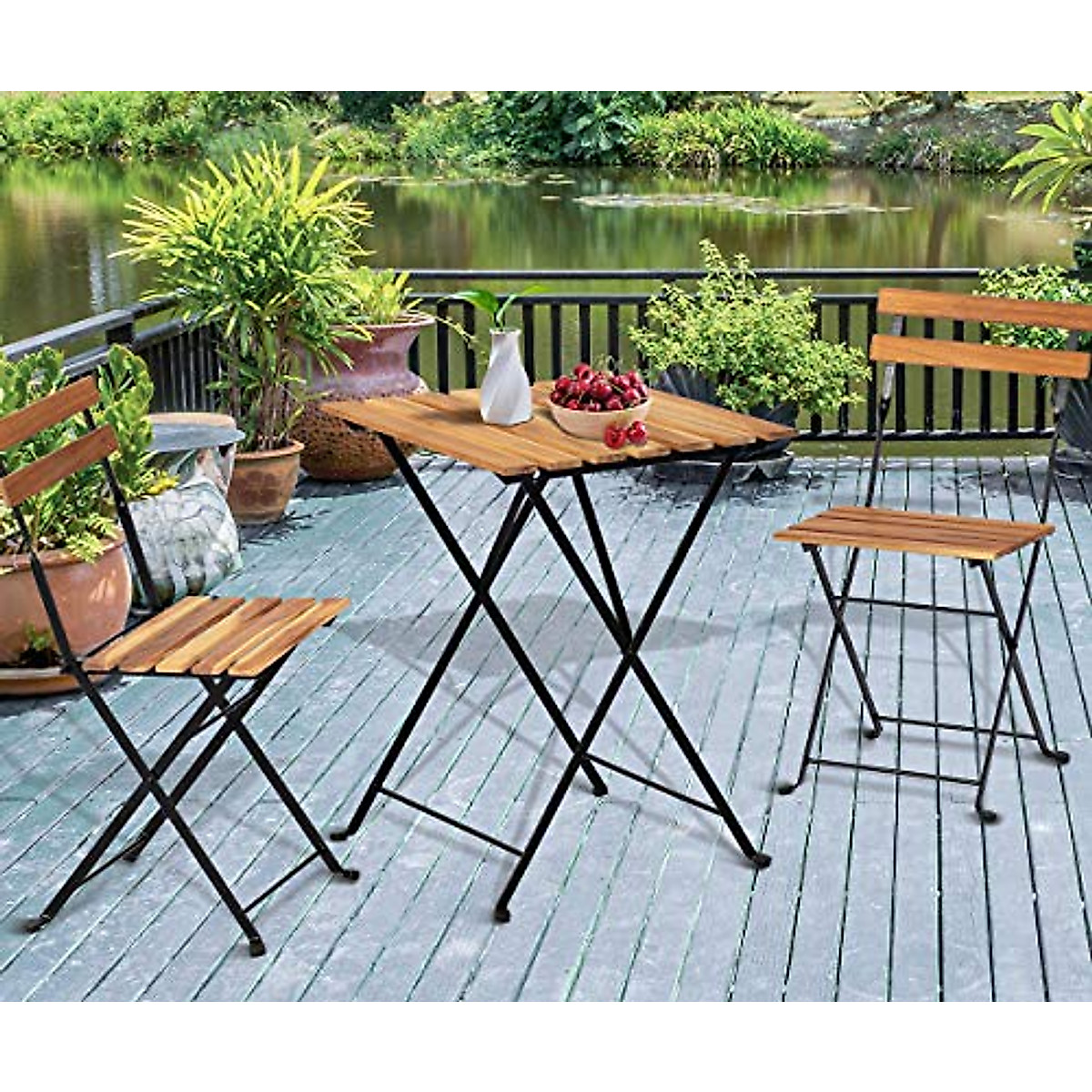 SUNBURY 3 Piece Patio Bistro Set, Outdoor Furniture Set, Weather-Resistant Folding Table and Chairs, Wooden Top Steel Frame Foldable Chairs for Outdoor/Indoor, Balcony (Burlywood)