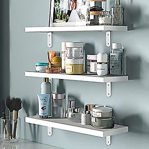 BHFOW 3 Pack Floating Wood Shelves, Wall Mounted Shelves,Display Storage Shelf, Home Decor Photo Display, Organizer Shelf with Elegant Metal Brackets for Living Room/Bedroom/Bathroom/Kitchen,White