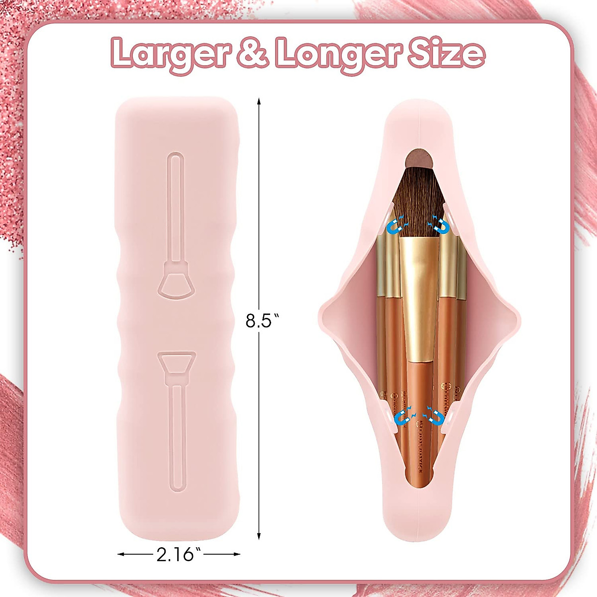 2Pack Makeup Brush Holder Silicone,Travel Makeup Brush Case Bag Organizer Cute Soft Portable Cosmetic Brushes Holders,Waterproof Makeup Brushes Covers for Traveling with Magnetic Closure-Pink,Black