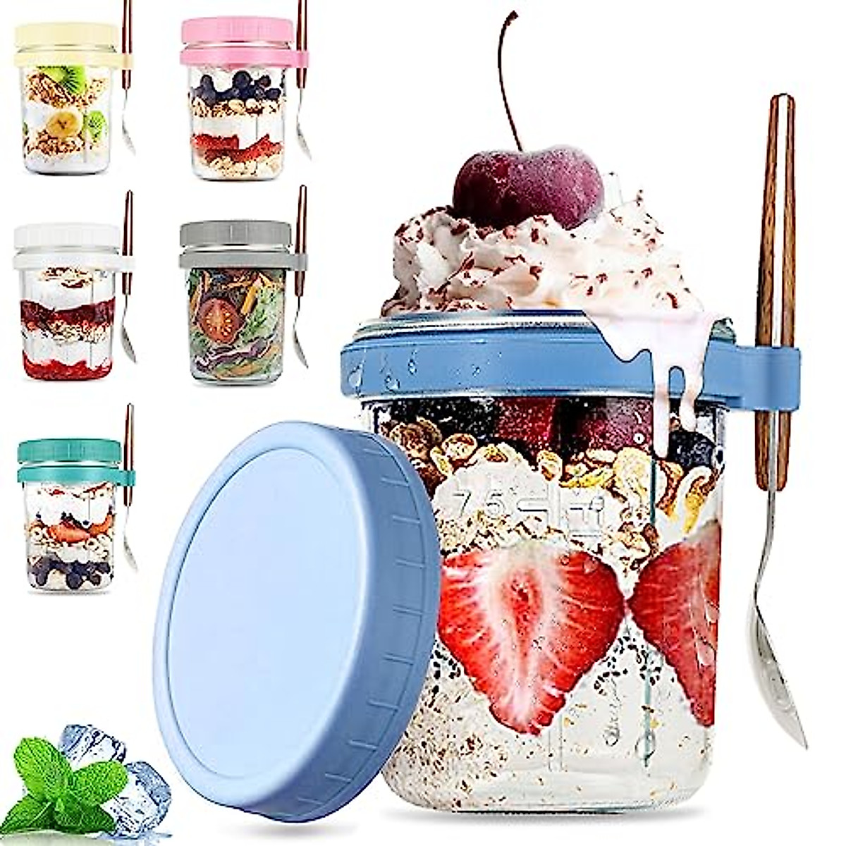 Morandi Overnight Oats Containers with Lids and Spoons 6 Pack, 16 OZ Glass Mason Jars for Overnight Oats Healthy Meal Prep, Oatmeal Container Storage for Cereal Milk Salad Chia Pudding
