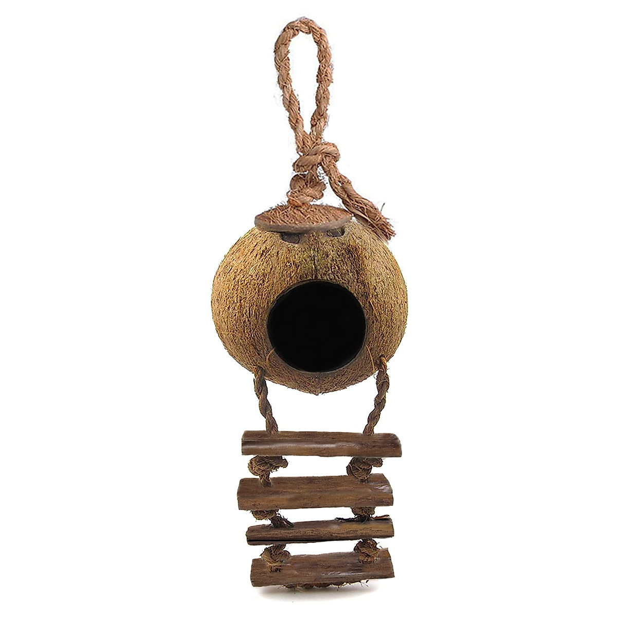 SunGrow Leopard Gecko Coconut Husk Hut with Ladder, with Shell Opening, Cave Habitat with Hanging Loop, 1 Pc per Pack