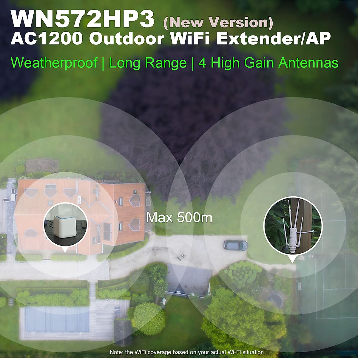 AC1200 Long Range Outdoor WiFi Extender Weatherproof with Ethernet Port & 4-Antenna, Dual-Band 2.4+5G 1200Mbps Outside PoE Access Point/Wireless Repeater/Internet Booster Network Amplifier (WN572HP3)