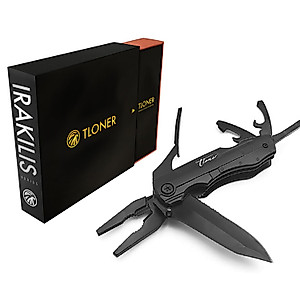 TLONER, IRAKILIS Series 10-K Pocket Size Multitool with Premium Stainless Steel Short Dagger, Hidden Pliers, Black Luxury Gift Box