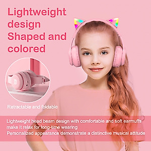 SIMGAL Bluetooth Cat Ear Headphones for Kids, Wireless & Wired Mode Foldable Headset with Mic, RGB LED Light, for Girls School Gaming, Compatible with Mobile Phones PC Tablet