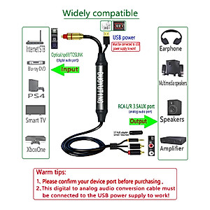 Digital Optical to Analog 3.5mm AUX Audio Cable, Optical to 2 RCA Adapter, All-in-one D/A Audio Converter, for TV/PS4/Xbox/DVD SPDIF/TOSLINK/Optical Port to Sound Box Amplifier Headphones (10ft).