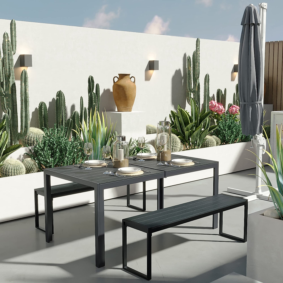 VICLLAX Outdoor Dining Set All Weather Patio Furniture with Slatted Patio Dining Table and 2 Outdoor Benches for Backyard Garden Poolside Deck, 3 Pieces Black