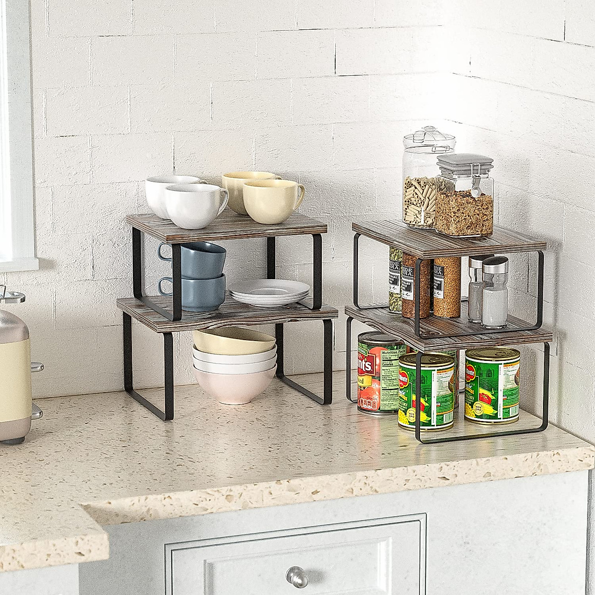 JACKCUBE Design Kitchen Cabinet Shelf Organizer, Countertop Riser, Wood Plate Pantry Shelves Storage, Stackable, Expandable, Metal and Rustic Wood, Set of 2 - MK617A