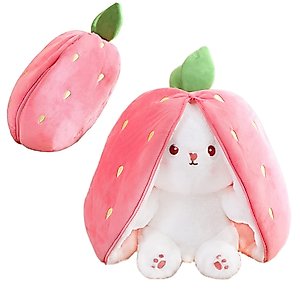 Xeletu Easter Stuffed Cute Bunny，Easter Stuffed Cute Bunny Plush Pillow Toys，Reversible Floppy Ear Bunny Plushie Bunny Plush Pillow，Carrot Strawberry Bunny Pillow Plush Toy (Strawberry, 7.1in)