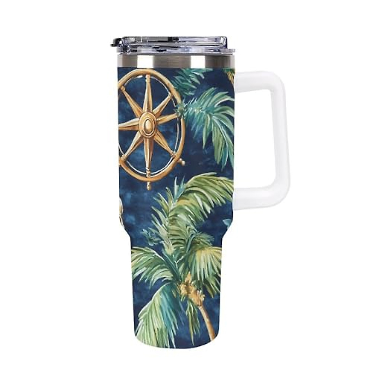 Skull Sailing Ship Parrot Coconut Tree 40oz Water Bottle Double Wall Insulated Tumbler with Handle Leakproof Travel Mug White-style