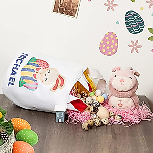 Customized Name Canvas Tote Bag Bunny Printed Easter Basket, Egg Hunt Easter Bags with Rabbit Ears for Kids Boys Girls First Easter Party Decorations Favors Gifts, Cute Easter Basket