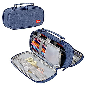 GUSEN Big Capacity Pencil Case Stationery Storage Pen Pouch Bag Double Zipper Multiple Compartments Organizer Cosmetic Portable High School Organizer College Student Teen Adult Boy Girl-Denim Blue