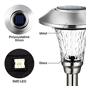 GIGALUMI 8 Pack Solar Pathway Lights, Solar Pathway Lights Outdoor Warm White, Waterproof Glass Stainless Steel Automatic Solar Landscape Lights for Patio, Yard, Lawn, Garden and Path (Silver Finish