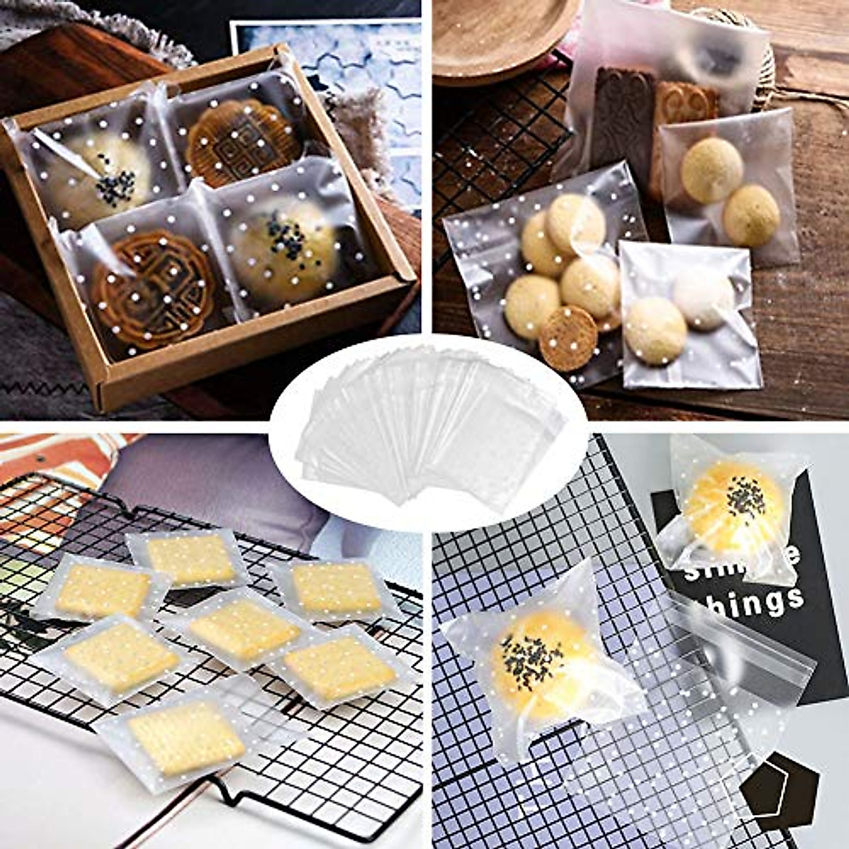 Self Sealing Cookie Bags Cellophane Treat Bags, Searik White Polka Dot Party Pastry Candy Bags For Cookie Wedding Party Gift Giving 100 Bags with 100 Thank You Labels (5.5 x 5.5 inches, 100 Pcs)