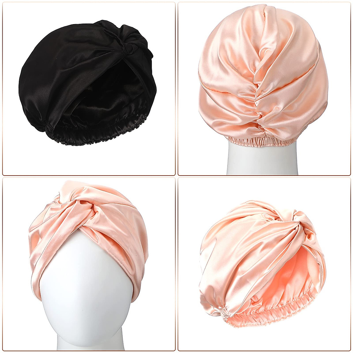 SATINIOR 4 Pcs Silk Bonnet Sleep Cap Women Silk Hair Wrap for Sleeping and Comfortable Sleep Eye Covering, 4 Piece Set(Black, Pink)