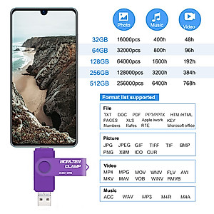 64GB 3 in 1 USB 3.0 Flash Drive Photo Stick for Android Phones, BorlterClamp OTG Memory Stick with 3 USB Ports (USB C, microUSB, USB A) for Samsung Galaxy, LG, Tablets, PC and More, Purple
